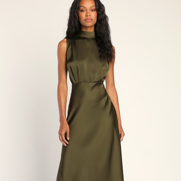 Lulus | Dresses | Lulus Classic Elegance Olive Satin Sleeveless Mock ...